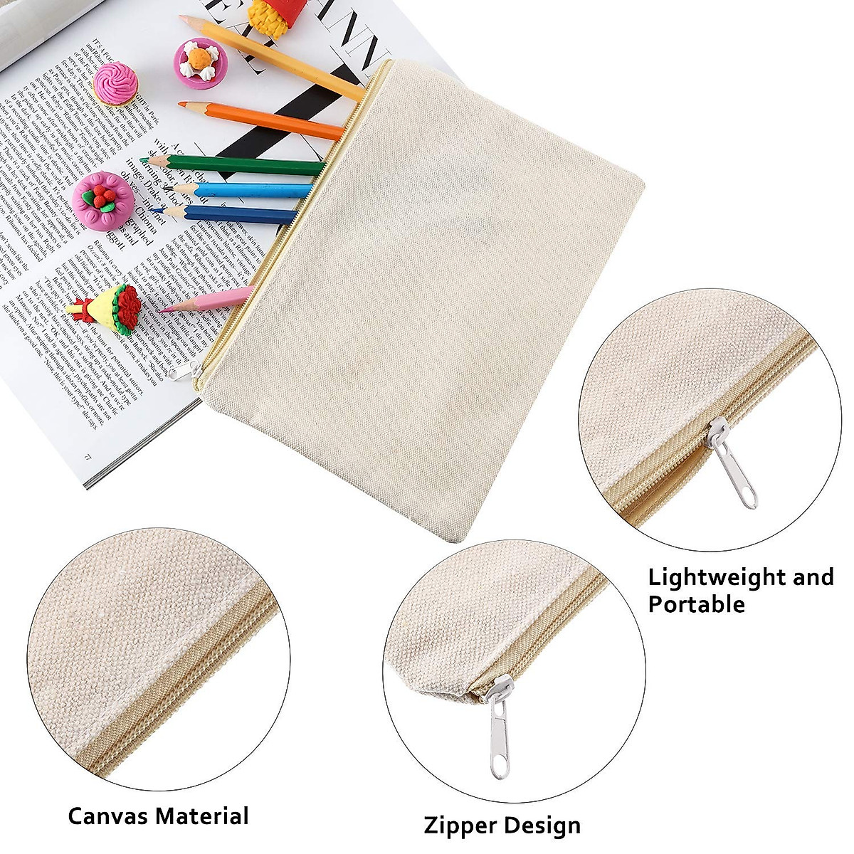 meekoo 16 Pack Multi-Purpose Cosmetics Bag with Zipper Canvas Makeup Pouches Travel Toiletry Bag Pen Pencil Bag Blank DIY Craft Bag (M, Beige)