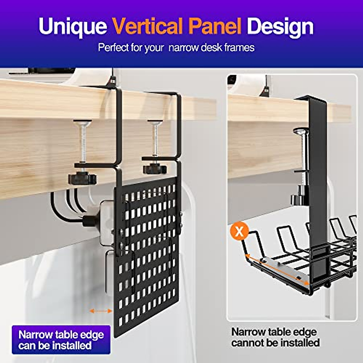 Under Desk Cable Management No Drill, Xpatee 16'' Desk Cable Management, Cable Management with Clamp for Desk Wire Management, Computer Cable Rack for Office, Home - No Damage to Desk, Black