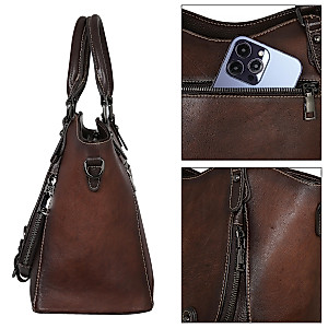 Iswee Leather Shoulder Bags for Women Satchel Bags Vintage Designer Crossbody Purses Tote Bags with Zipper Top-Handle (Coffee)