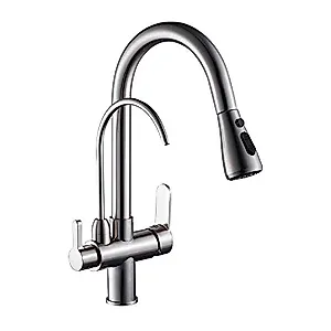 Kitchen Sink Faucet for Bar Farmhouse Commercial, Deck Mounted Black Kitchen Faucets, Pull Out Hot Cold Water Filter Tap for Kitchen, Three Ways Sink Mixer Kitchen Faucet (Color : Pull Brush Nickel)