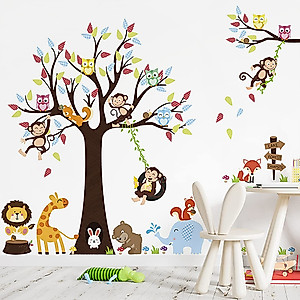 LiveGallery Cartoon Animals Wall Decals Removable Tree Wall Stickers DIY Owls Wall Art Cute Monkey Elephant Giraffe Wall Decal for Kids Boys Children Bedroom Playroom Nursery Rooms Decoration 39"x65"