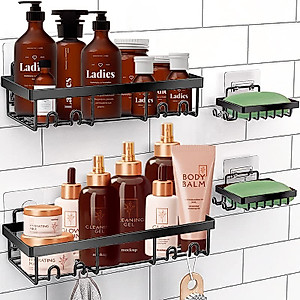 Shower Caddy Organizer & Soap Dish Holder Set, 4PCS with Removable Self Adhesive Hooks Shelf Basket Shelves for Shampoo Small Essentials Storage Bathroom Organization Kitchen Accessories Spice Racks