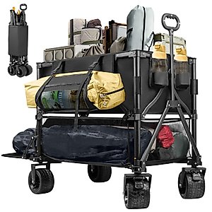 UNITON Double Decker Wagon 600lb Capacity & 400L Collapsible Sports Wagon with Big Wheels 54" Extended Utility Folding Wagon Cart for Camping Fishing & Outdoor Use