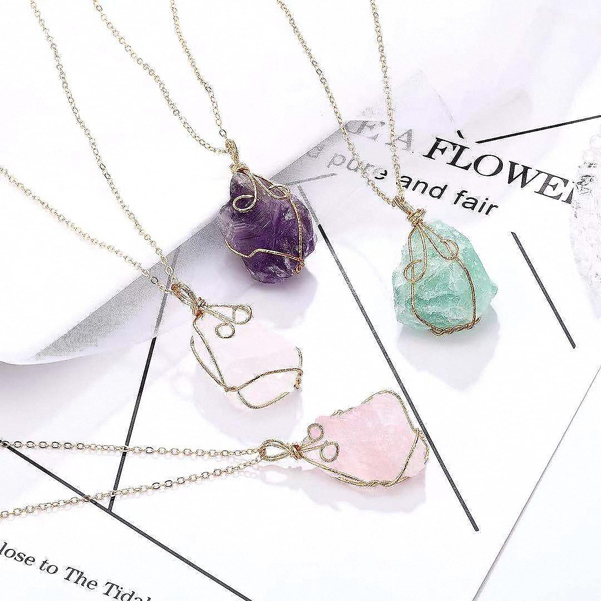 tqyzkh 4 Pcs Rose Quartz Necklace, Crystal Pendant Necklaces for Woman, Wire Wrap Healing Necklace, Tree of Life Stone Amethyst Clear Jewelry Chakra Handmade Spiritual Gemstone Gifts