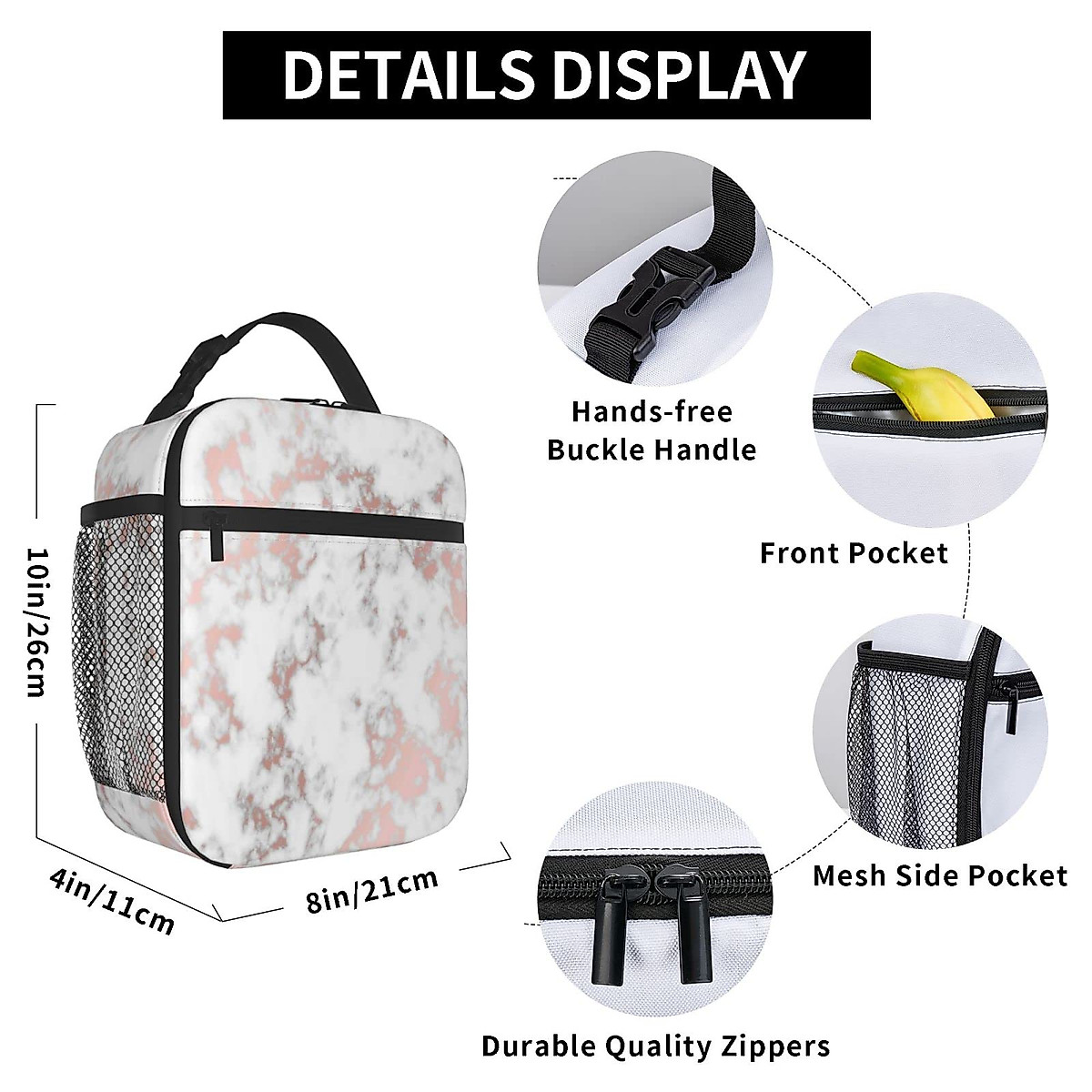 KiuLoam Insulated Lunch Box Marble Rose Gold Texture Reusable Lunch Bag With Shoulder Strap For Women/Men/Girls/Boys Lunchbox Meal Tote Bag