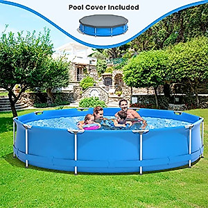 Goplus Above Ground Swimming Pool, 12ft x 12ft x 30inch Outdoor Steel Frame Pool W/Pool Cover, Reinforced Steel Frame, Round Swimming Pool for Backyard, Garden, Patio, Balcony (Blue)