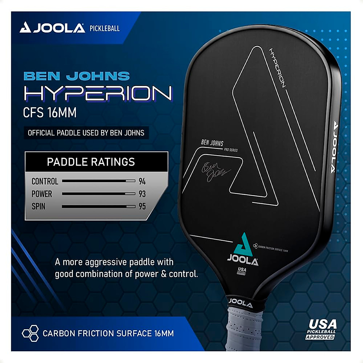JOOLA Ben Johns Hyperion CFS Pickleball Paddle - Carbon Surface with High Grit & Spin, Elongated Handle, USAPA Approved Ben Johns Paddle