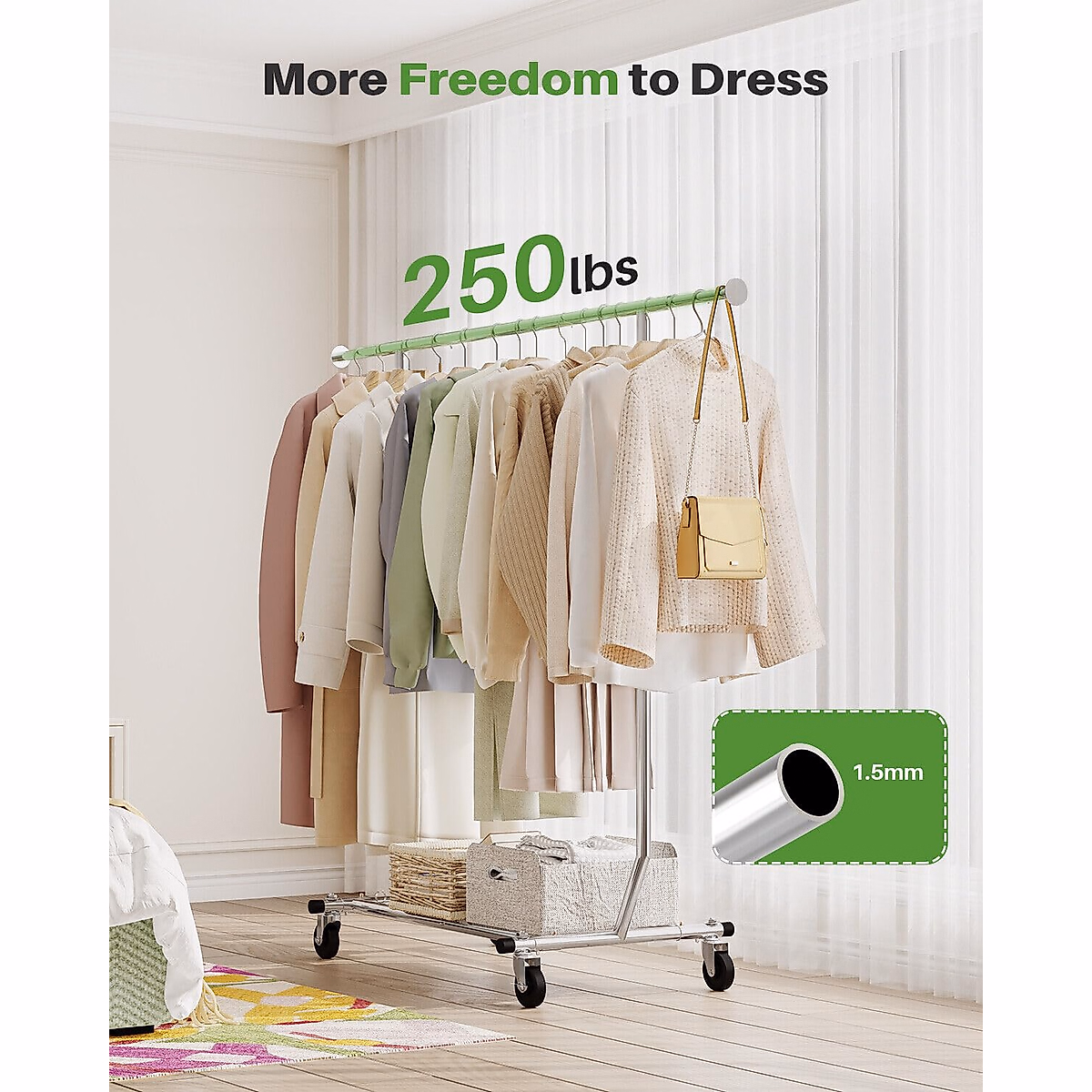 Rolling Commercial Grade Clothing Garment Racks Sing Rail Adjustable