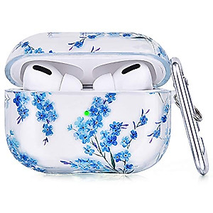 QINGQING Airpods Pro Case, 3 in 1 Cute Airpod Pro Clear Protective Hard Case Cover Shockproof Women Girls Men with Keychain for Airpods Pro Charging Case (Clear-Blue Floral)
