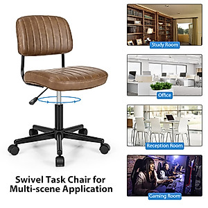 COSTWAY Armless Desk Chair with Wheels, PU Leather Computer Task Chair with Low Back Lumbar Support, Height Adjustable Rolling Home Office Chair for Kids Teens Adults, Brown