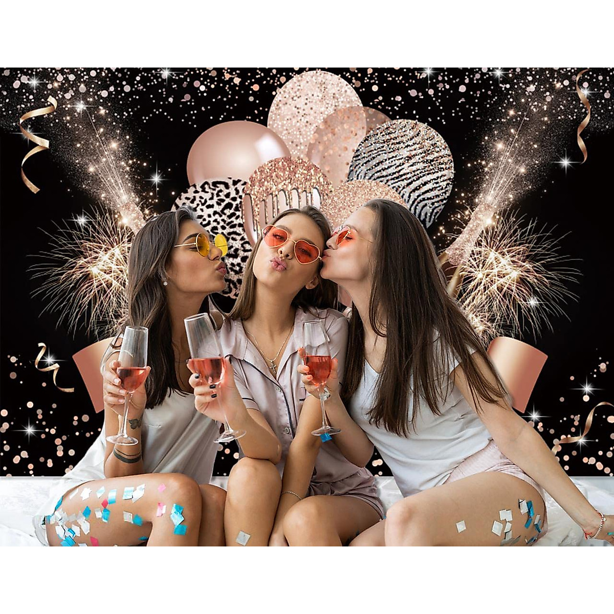 Happy Birthday Backdrop Rose Gold Balloon Glitter Sparkle Spots Champagne Photography Background for Women Girls Party Decoration Banner Photo Booth Props