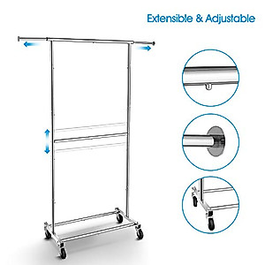 Simple Trending Double Rod Clothing Garment Rack, Rolling Clothes Organizer on Wheels for Hanging Clothes, Chrome