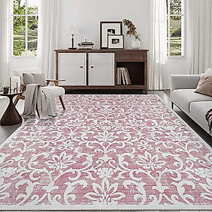 Lukinbox Vintage Washable Area Rugs for Living Room, 8x10 Non Slip Low Pile Indoor Floral Rug for Bedroom, Large Soft Foldale Accent Rugs Non Shedding Outdoor Carpets for Dinning Room RV, Light Pink