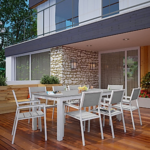 lm Modway Maine Aluminum 9-Piece Outdoor Patio Dining Set with 80 inch Dining Table and Eight Dining Armchairs in White Light Gray