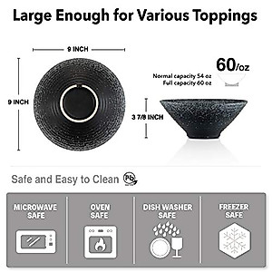 Alex Kato Ceramic Japanese Ramen Bowls Set of 2 - 60 ounce Large Noodle Soup Bowl, with Chopsticks and Spoon for Asian Pho Udon Soba (Black)