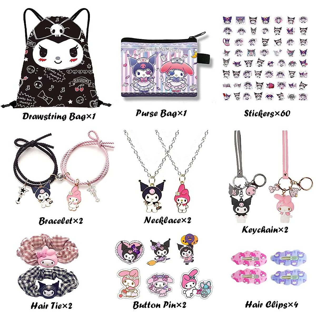 MEKZU 80PCS Anime Cartoon Gift Sets Party Favors, Including Drawstring Bag Coin Wallet Stickers Brooches Bracelets Keychains Necklaces Hairpins Hair Ties