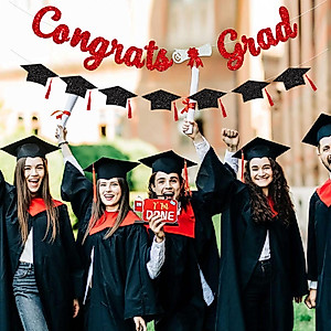 Glitter Red Congrats Grad Decorations Banner Graduation Decorations Class of 2024 banner Red and Black Glitter Congrats Grad Graduation with Tassel Party Decor College High School Graduation Party Favors