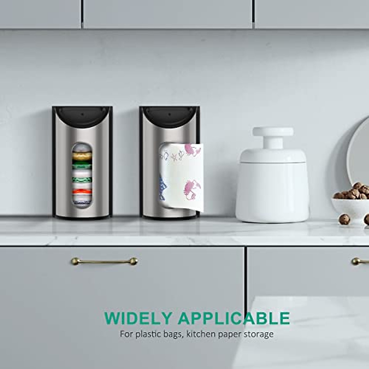 Plastic Bag Holder, Grocery Bag Holder and Dispenser for Plastic Bags,Wall Mount Bag Saver,Kitchen Trash Bag Organizer,Fingerprint Resistant,Brushed Stainless Steel,Matte Silver