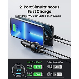 INIU USB C Car Charger, 66W Total [USB C+USB A] Car Charger Adapter with PD & QC, Fast Charging All Metal Tiny Car Phone Charger for iPhone 14 13 12 11 X Pro Samsung S21 Pixel iPad MacBook Air Tablet
