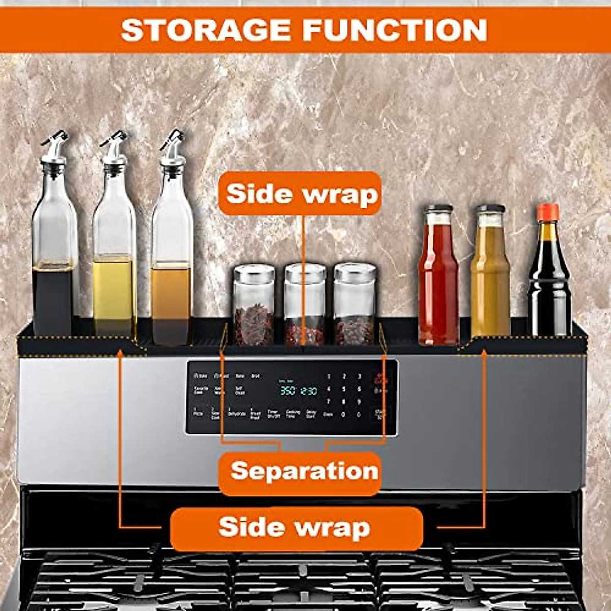 AWOKE Stove Top Shelf 30 Inch - Silicone Material Magnetic Shelf for the Stove - 3 Functional Partitions Kitchen Spice Rack Organizer - Black