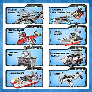 WishaLife 8 in 1 City War Military Aircraft Carrier Toy Building Blocks Set, with Army Truck Toys, Car Toys, boat Toy, Airplane Toy, Helicopter Toy, WW2 Construction Toys Gift for Kids Boys Age 6 Plus