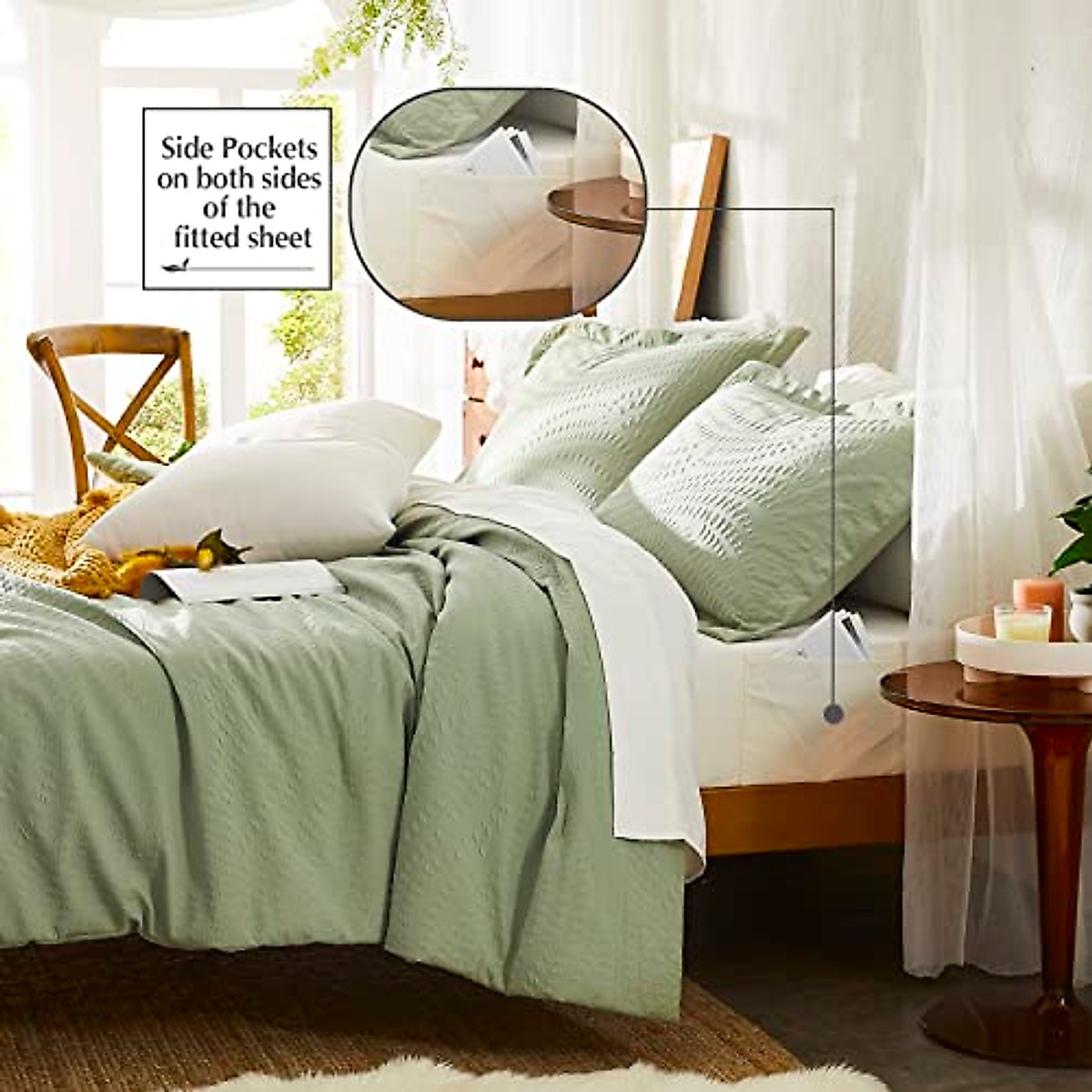 Geniospin Queen Comforter Set, Bed in a Bag Sage Green 7-Pieces, Botanical Pattern, All Season Comfortable Seersucker Bedding with Comforter, Sheets, Pillowcase & Shams (Queen, 90"x90")