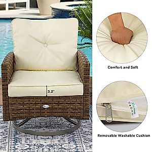 YITAHOME 3-Piece Patio Wicker Swivel Chairs, Outdoor Small Furniture Rocking Coversation Chairs w/Thick Cushions and Table for Garden, Backyard and Balcony (Tan Chairs + Off- White Cushions)