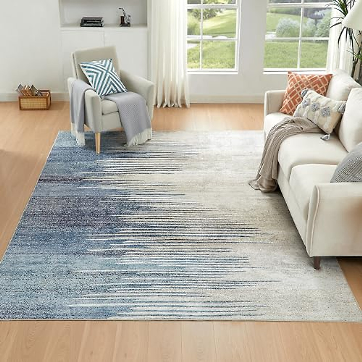 VKLIVING Washable Area Rug 9'x12' Abstract Thin Living Room Non Slip Bedroom Soft Low Pile Machine Washable Lightweight Large Area Rug, Blue&Beige