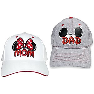 Disney Set Mickey & Minnie Hats Baseball Cap Men's Women's 2 Pack (White MOM & Grey DAD)