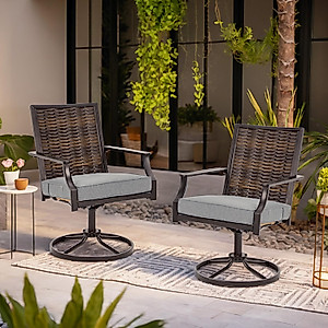 MELLCOM Patio Swivel Chairs Set of 2, Heavy Duty Outdoor Swivel Chairs with Removable Cushions, Patio Rattan Wicker Decoration Chairs for Garden Lawn & Porch, Backyard, Balcony, Gray