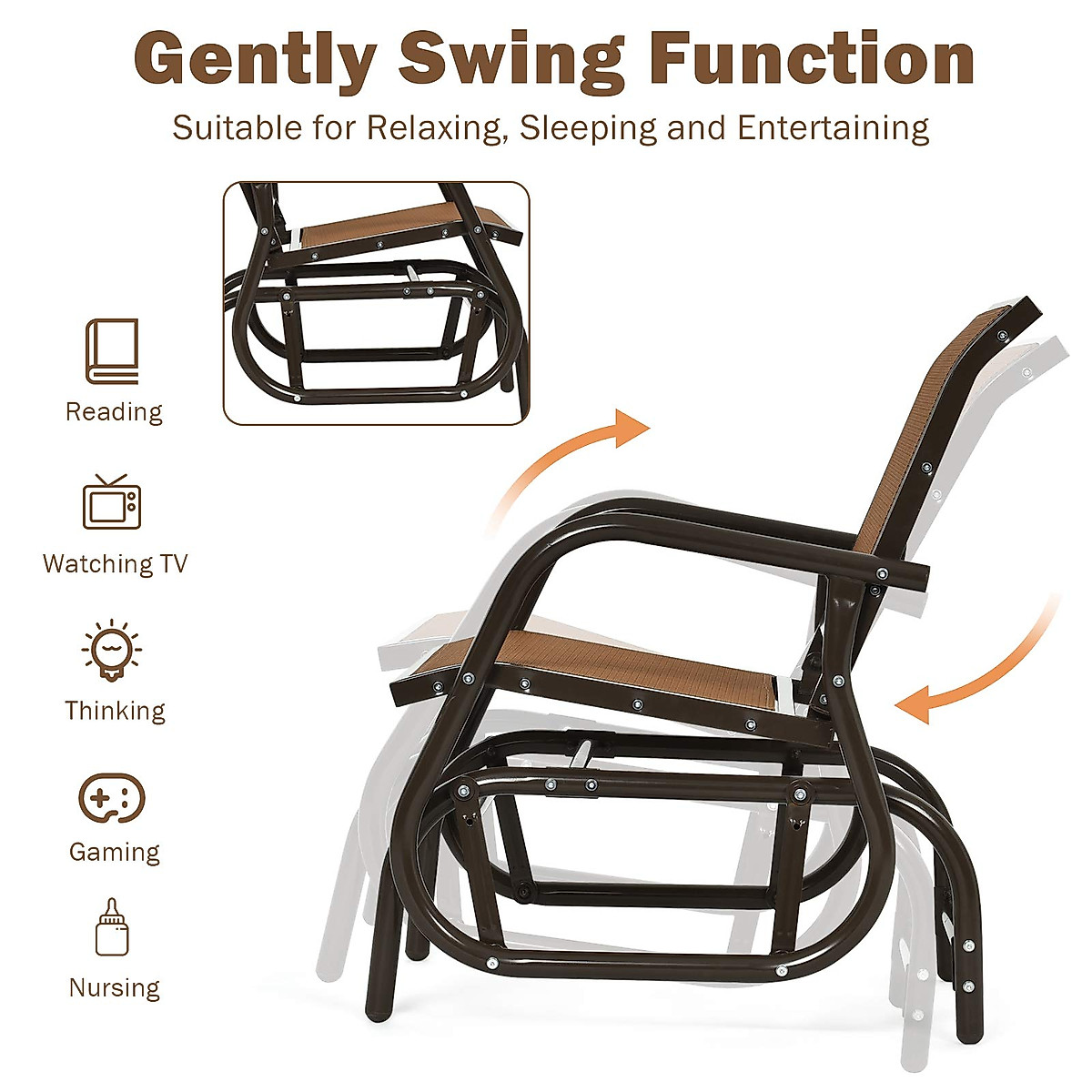 S AFSTAR Outdoor Patio Glider Chairs Set of 2, Porch Glider Swing with Breathable Mesh Fabric and Sturdy Steel Frame, Load Capacity 330LBS, Single Glider Chair for Outside Garden Backyard (Brown)