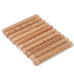 Lzttyee Set of 10 Wooden Handle Pottery Tools Clay Modeling Pattern Rollers Kit Brown (Set of 10)