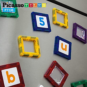 PicassoTiles 136 Piece S.T.E.A.M. Building Block Set with 66 Magnetized Clip-in Insert Cards Toy Construction Kit PT136 Magnet Building Tiles Clear Color Magnetic 3D Educational Blocks Click-in Card