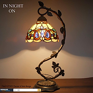 WERFACTORY Tiffany Table Lamp Stained Glass Victorian Table Lamp, Metal Leaf Base 8X10X21 Inches Desk Reading Light Decor Small Space Bedroom Home Office S021 Series