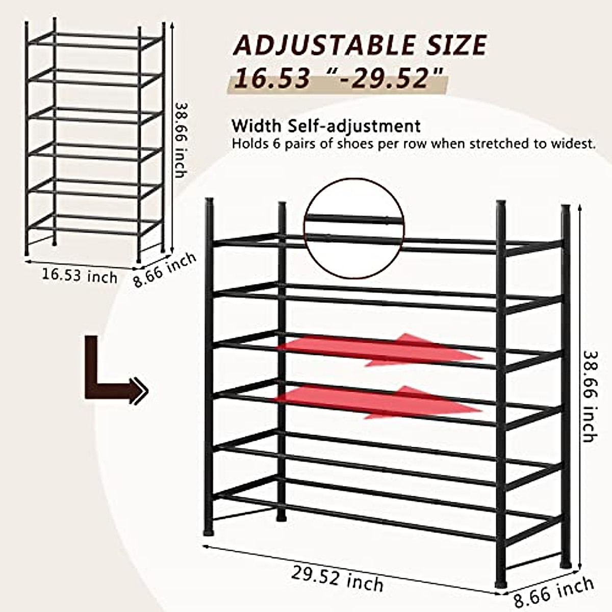 YIZAIJIA Shoe Rack Storage Organizer 6 Tier Expandable Metal Adjustable Shoe Shelf Free Standing Shoe Rack for Entryway Closet Doorway,Black