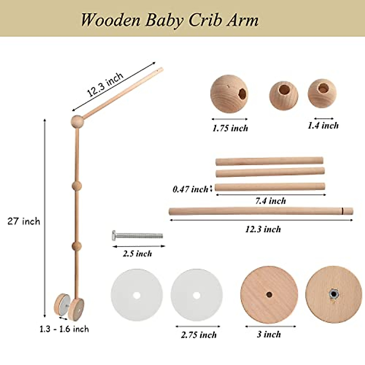 Yimisya Wooden Baby Crib Arm - Anti-Slip Crib Mobile Bed Bell Holder Arm DIY Mobile Hanger Kit for Crib & Nursery Decor