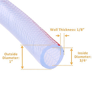 DERPIPE Soft Braided PVC Tubing - 3/4" ID x 1" OD High Pressure Clear Flexible PVC Tube Reinforced Vinyl Hose for Water, Oil with 2pcs Hose Clamps (10Ft)