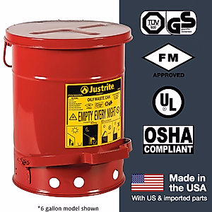 Justrite 6 Gallon Galvanized Steel Oily Waste Can, 16" x 12" Metal Oil Rag Safety Can with Quiet Foot-Operated Self-Closing Lid for Oil Rag Disposal, Made in The USA, Red, 09108