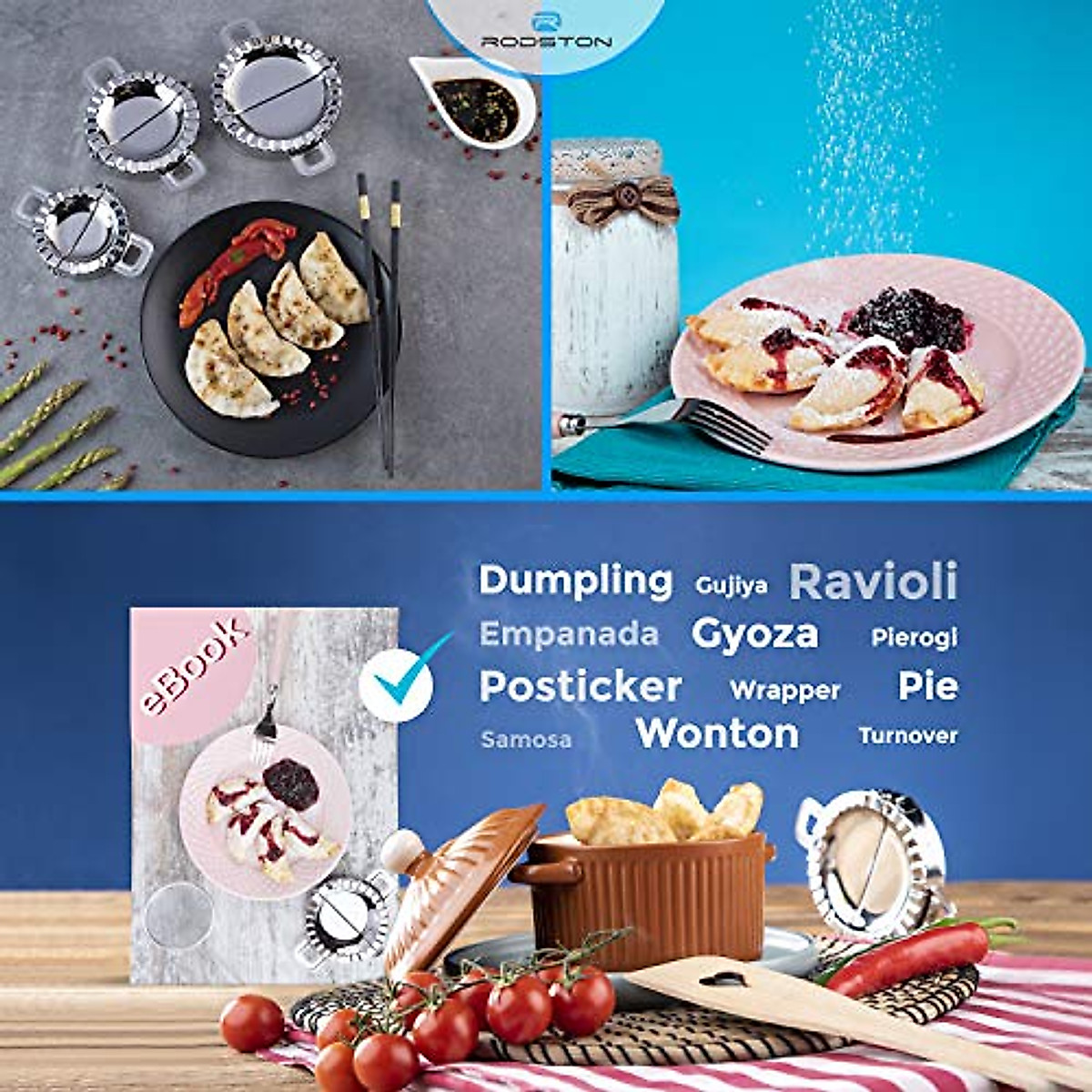 Dumpling Maker Press Set of 3 Molds – BONUS Pastry Mat, Empanada Press for Cooking Pierogi Ravioli Turnover Wrappers, Stainless Steel Dumpling Mould - Pack of 3 Sizes with Silicone Dough Mat