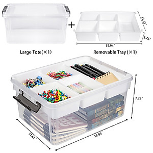 17 QT Plastic Storage Bin with Lid, Clear Organizing Container with Removable Tray, Multipurpose Stackable Storage Box for Home, Office and School Supplies