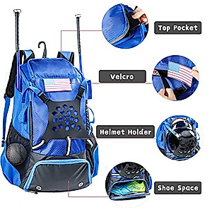 VIGEGARI Youth Baseball Backpack for Boys, Bat Bag, Softball Bag, T-Ball, Softball Equipment & accessories for Bat, Glove Holder, Helmet, Shoes Compartment, Baseball Gifts for Youth and Adults.