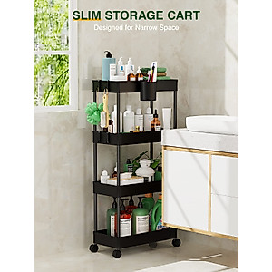 LEHOM Slim Rolling Storage Cart - 4 Tiers Bathroom Organizer Utility Cart Slide Out Storage Shelves Mobile Shelving Unit for Kitchen, Bedroom, Office, Laundry Room, Small Narrow Spaces Black