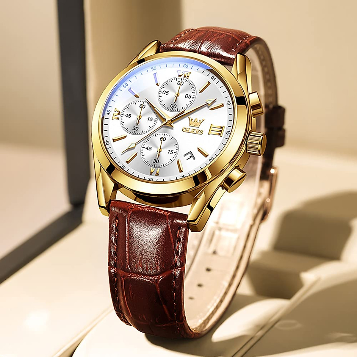 OLEVS Brown Leather Watch Men Chronograph Gold Case Analog Quartz Fashion Business Dress Large Face Men Watch Multifunction Luminous Waterproof Casual Male Wrist Watch White Dial Reloj para Hombre