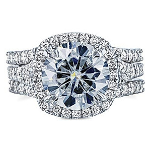Kobelli Round Forever One D-F Moissanite Cushion Halo Bridal Wedding Set 4 1/3 CTW 14k White Gold 3 Piece Set, 6.5