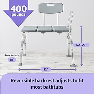 Medline Transfer Bench for Bathtubs and Showers, Adjustable Shower Bench and Bath Seat For Seniors and adults, Slip-resistant Feet, Heavy-Duty 400 lb. Weight Capacity, Tool-Free Assembly
