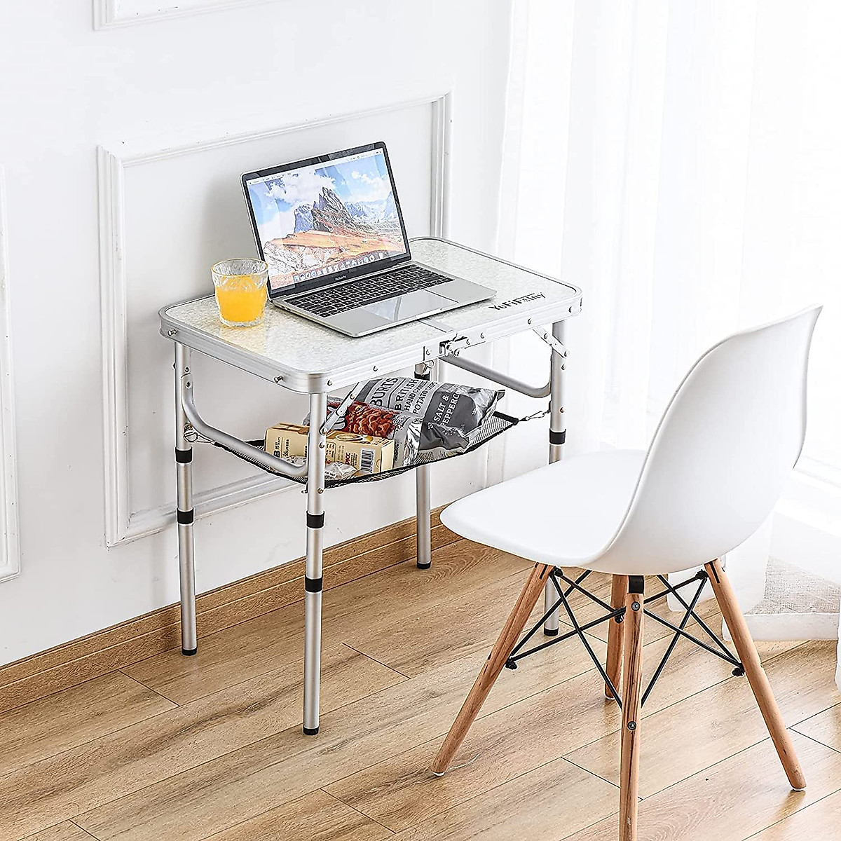 Small Folding Table 2 Foot, Portable Camping Table with Mesh Holders,Lightweight Aluminum Adjustable Height, with Carry Handle for Camping Picnic Indoor Outdoor, White 24 x 16 inch (3 Heights）