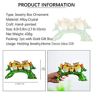 YU FENG 6.9inch Hand-painted Enamel Owl Family On Branch Figurine Trinket Box Collectible Hinged Jewelry Organizer Ring Earrings Storage Unique Home Decor Gift