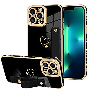 ZIYE for iPhone 13 Pro Max Luxury Electroplated Case with Strap Love Heart Plating Gold Bumper Cover for Women Girls Anti-Scratch Shockproof Back Phone Case for iPhone 13 Pro Max 6.7 Inch