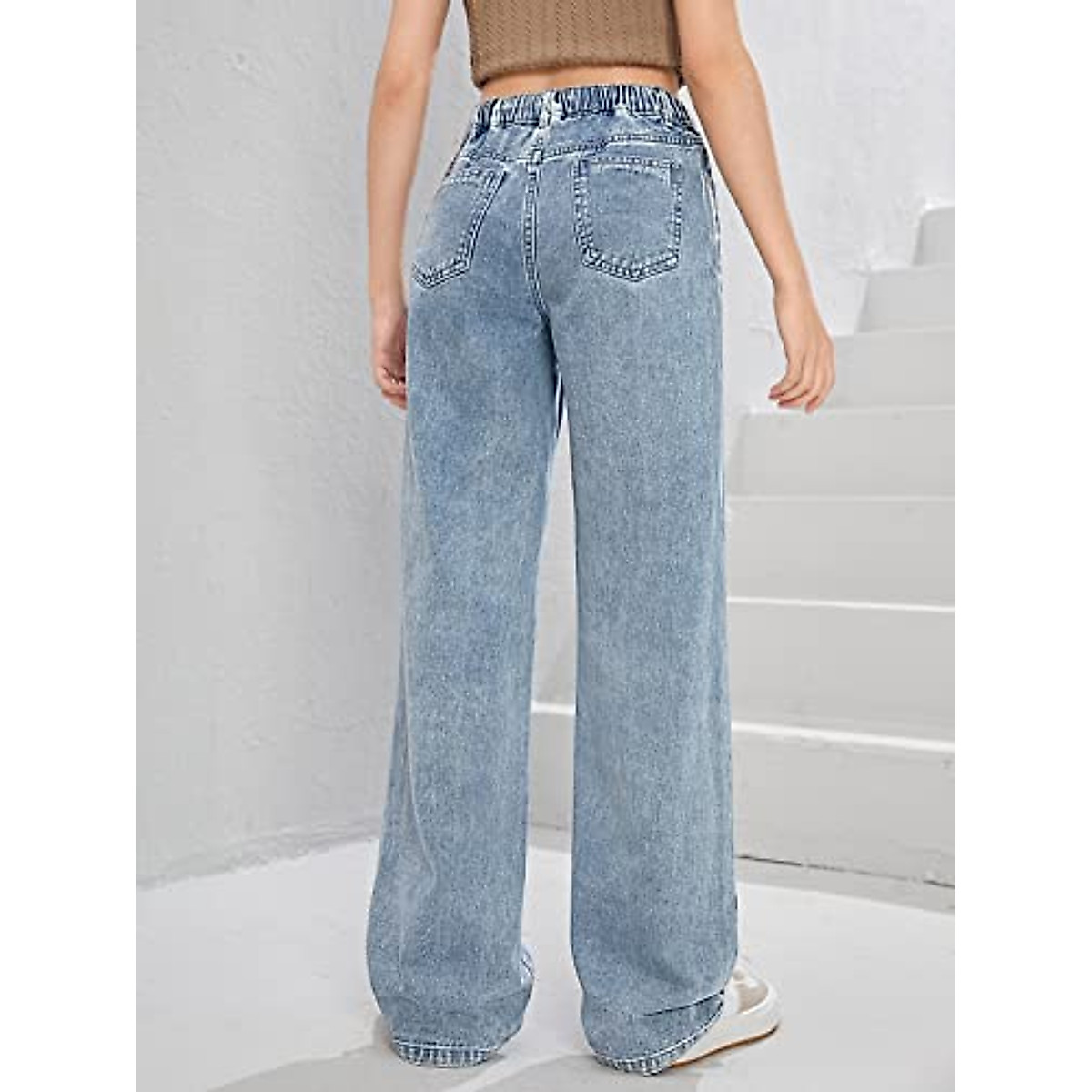 Floerns Girls Cut Out Ripped Wide Leg Jeans High Waist Distressed Denim Pants Light Blue 14Y