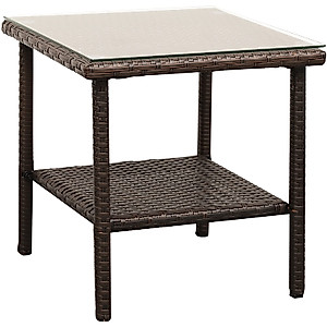 Outdoor PE Wicker Side Table - Patio Rattan Garden Coffee End Square Table with Glass Top-2-layer Table Furniture,Mix Brown